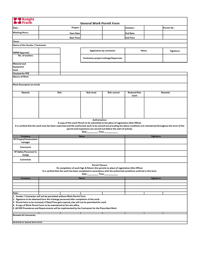 B-EHS-15 General Work Permit | PDF | Safety