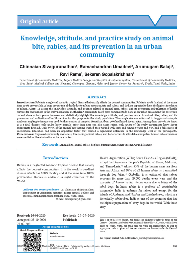 Knowledge, Attitude, and Practice Study On Animal Bite, Rabies, and Its Prevention in An Urban ...