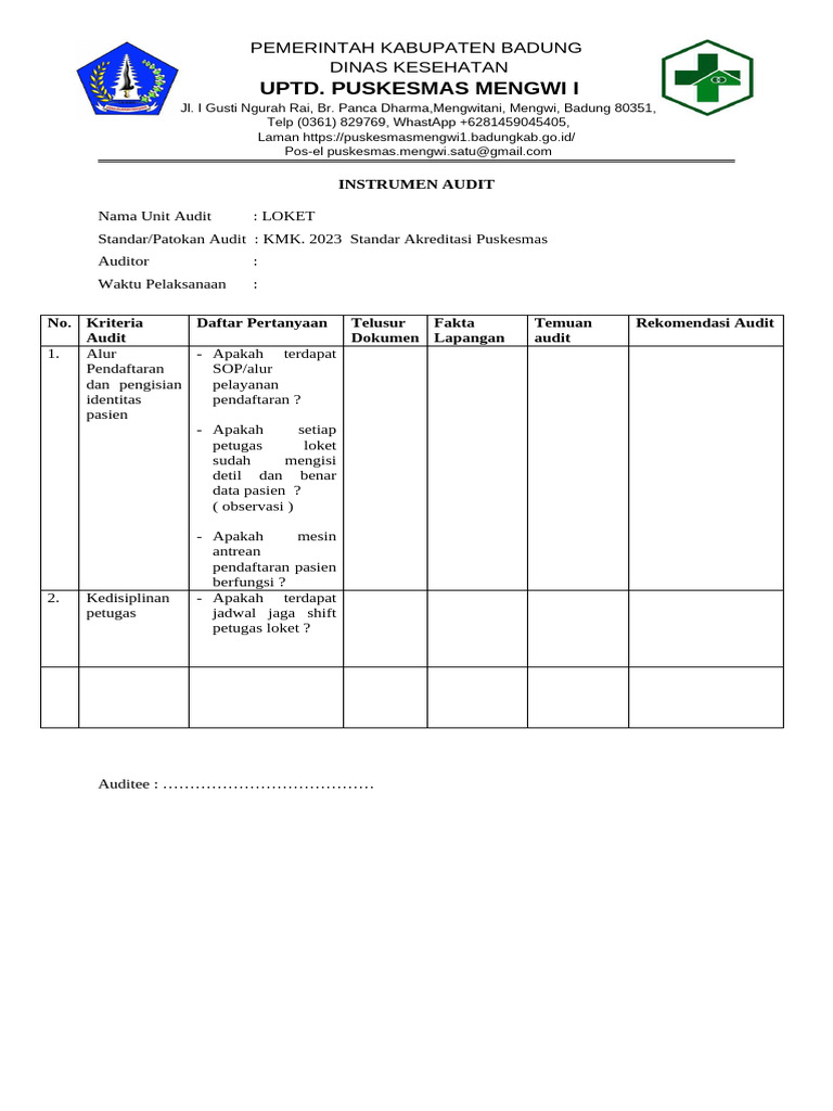 Instrumen Audit Puskesmas 2025 | PDF