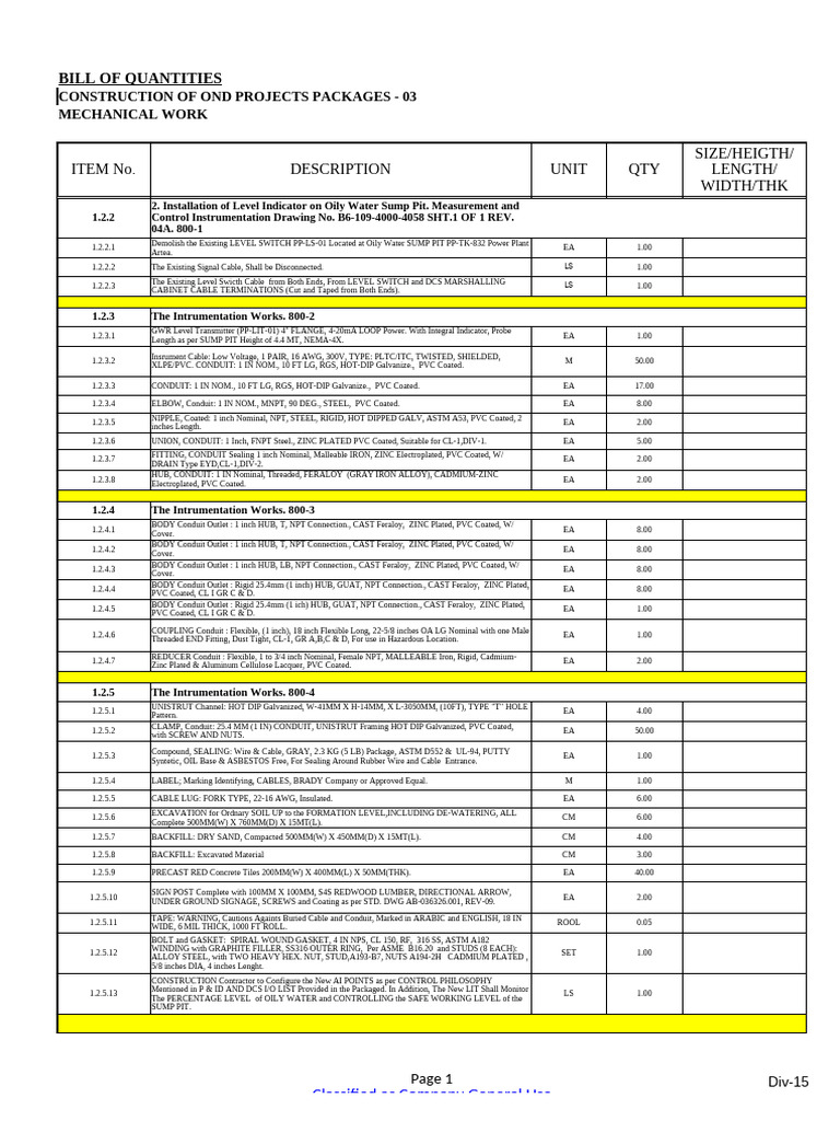 2.OND3 Projects - Level Indicator On Oily Water Sump Pit Package 03 BOQ ...