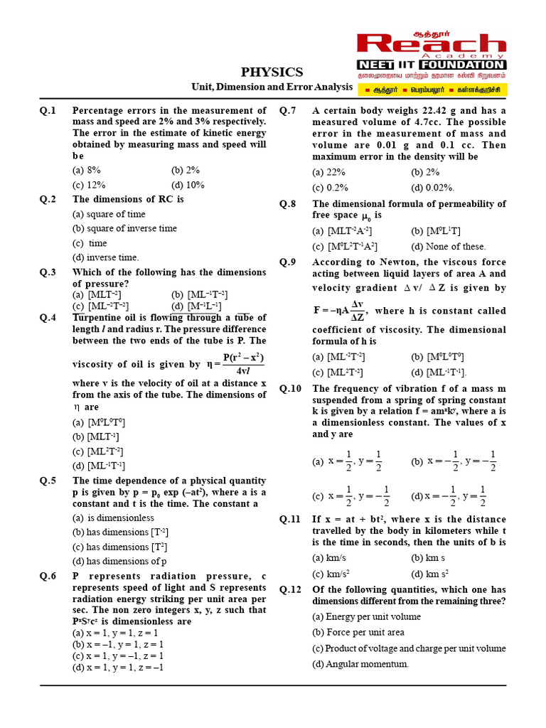 P-2 (Unit, Dimension and Error Analysis) | PDF | Torque | Force