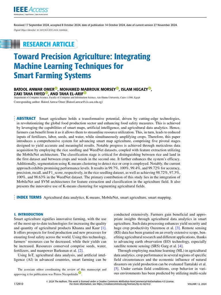 Toward Precision Agriculture Integrating Machine Learning Techniques For Smart Farming Systems ...