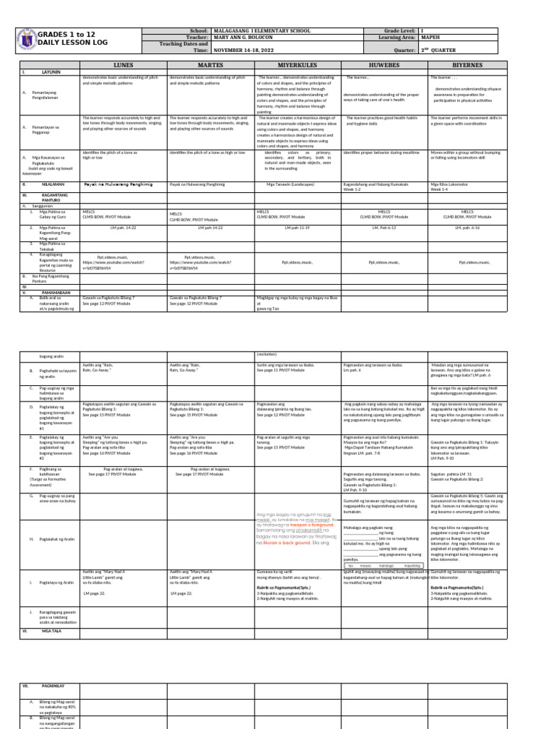 DLL - Mapeh 1 - Q2 - W2 | PDF
