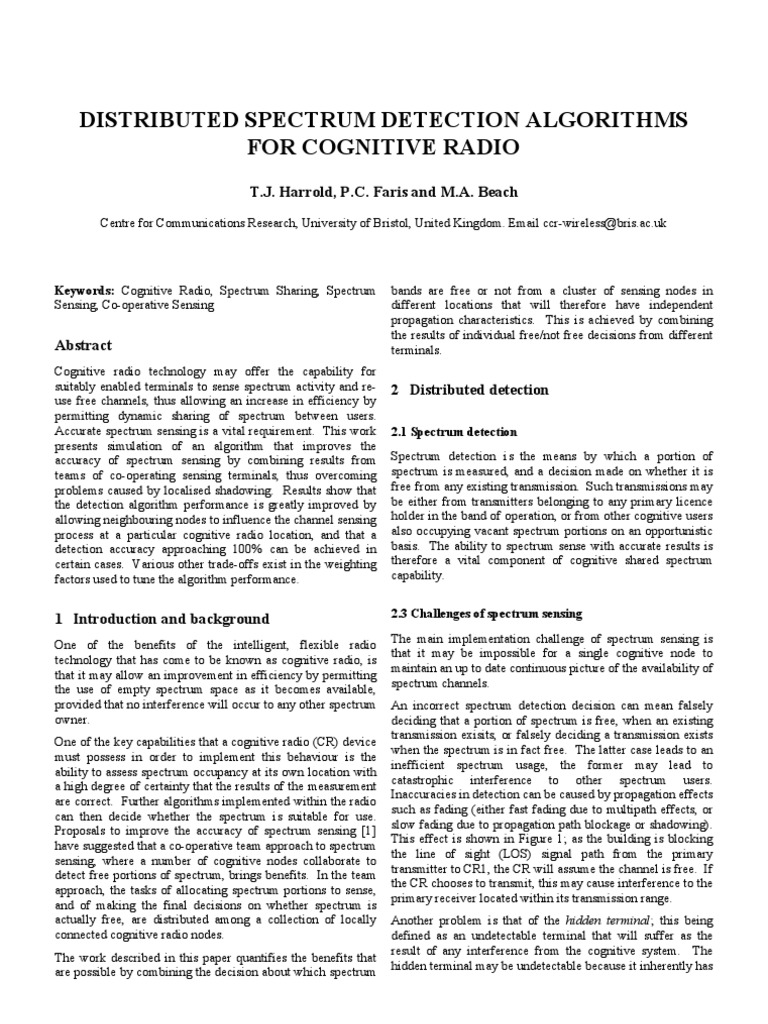 Distributed Spectrum Detection Algorithms For Cognitive Radio Download Free Pdf Cognitive