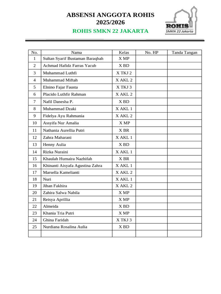Absensi Rohis 2025 2026 | PDF