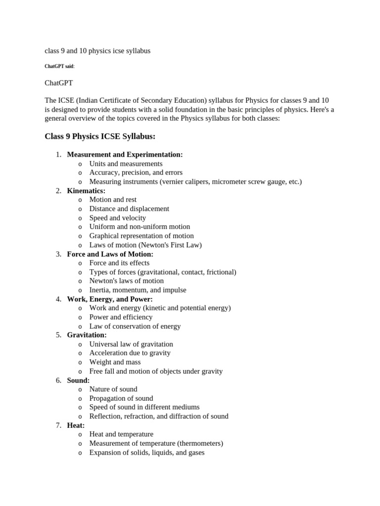 ICSE Physics Syllabus for Classes 9-10 | PDF | Force | Newton's Laws Of ...