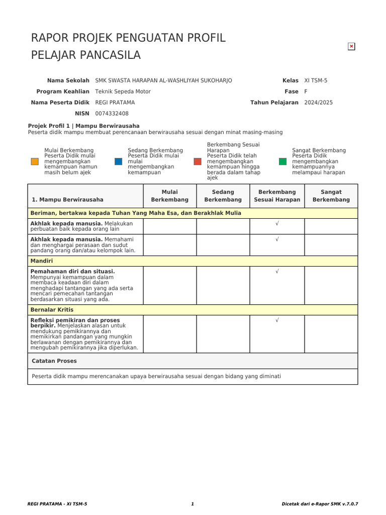 Regi Pratama Xi TSM 5 Rapor p5 | PDF