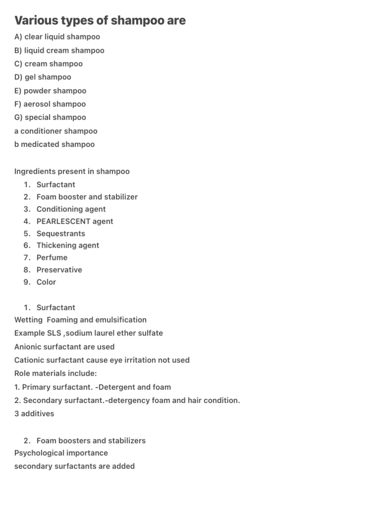 Types and Ingredients of Shampoo Formulations | PDF | Shampoo | Surfactant