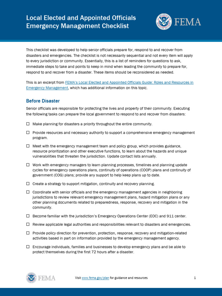 Fema NPD Local Elected Officials Checklists 2025 | PDF | Emergency Management | Emergency