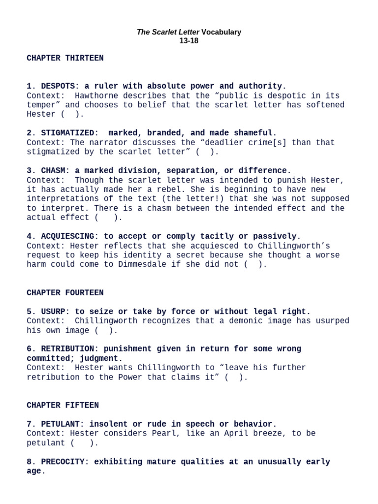 Vocabulary for Chapters 13-17 | PDF | The Scarlet Letter