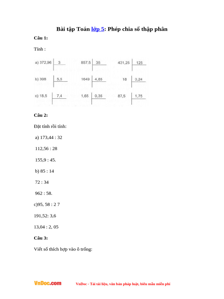 BT Toan Lop 5 Phep Chia So Thap Phan | PDF
