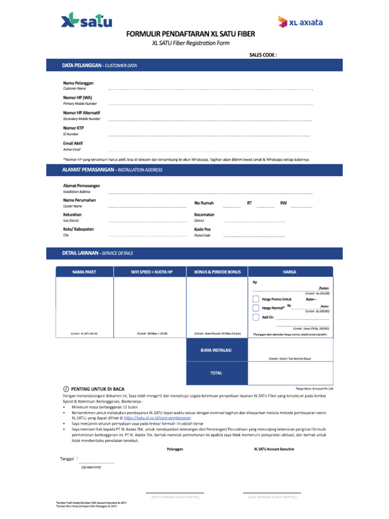 Form Berlangganan - Contoh Pengisian XL SATU Fiber Monthly Packages ...