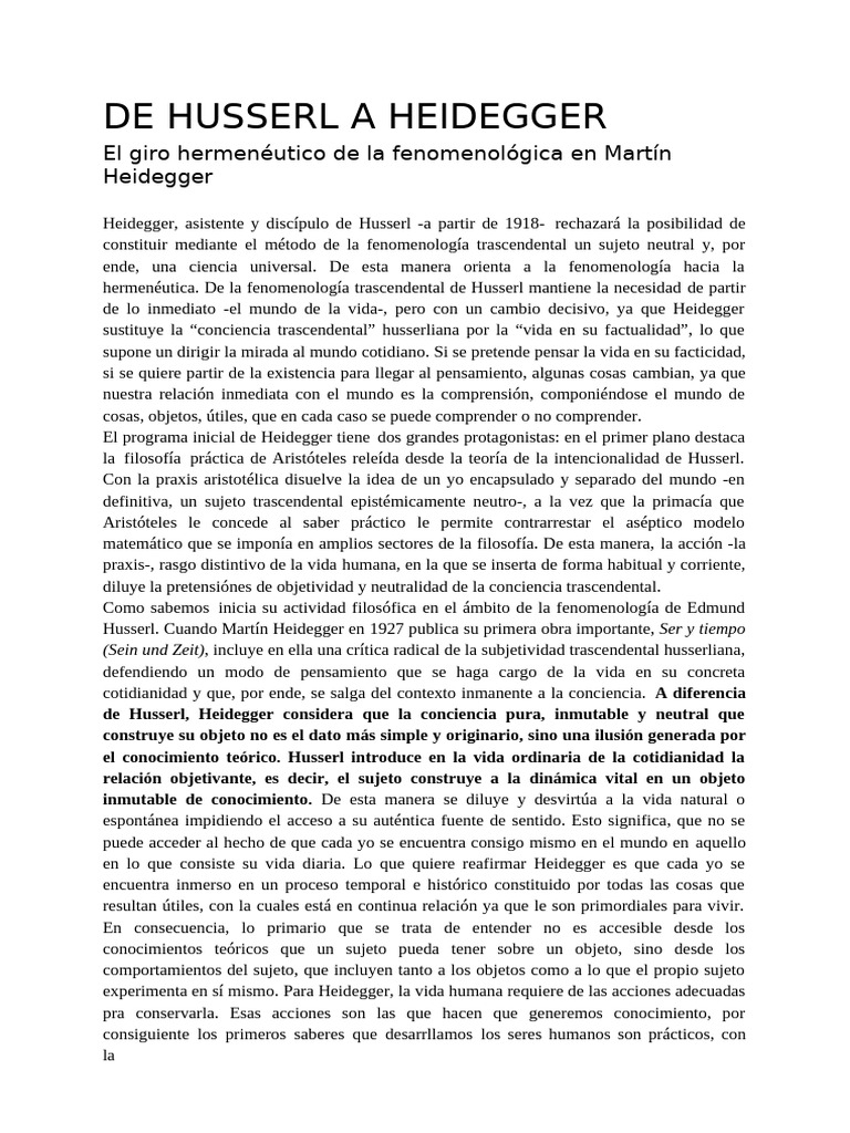 De HUSSERL A HEIDEGGER El Giro Hermenéutico de La Fenomenológica en ...