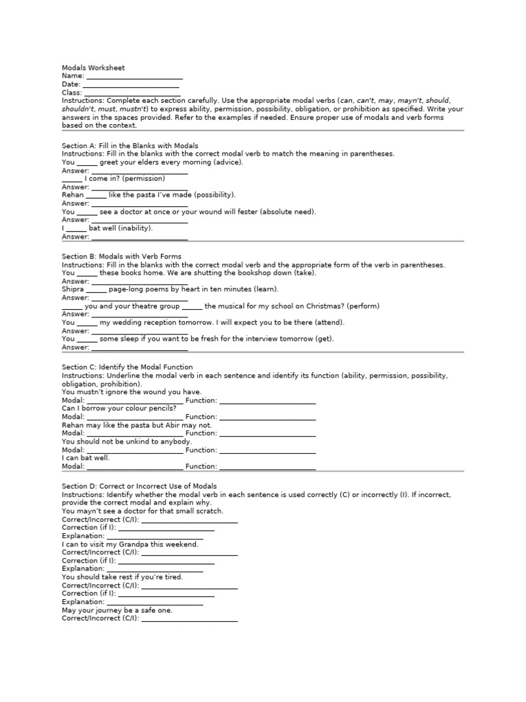 Class 6 Modals Worksheet | PDF | Verb | Semantics