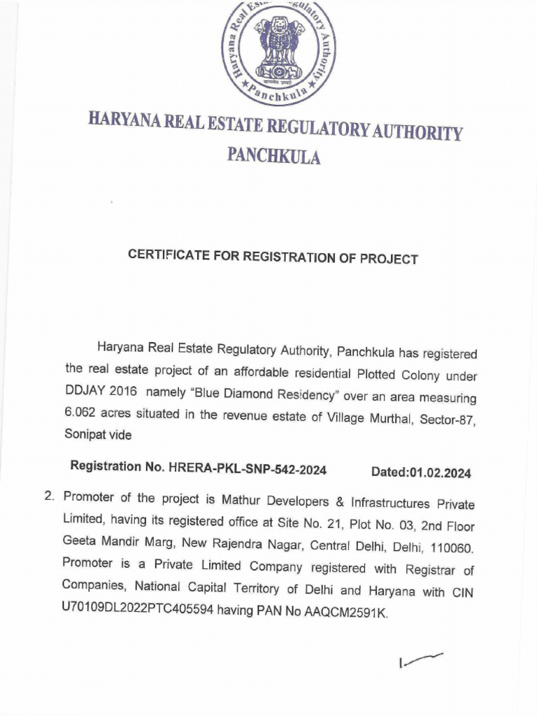 Blue Diamond Residency RERA Certificate | PDF