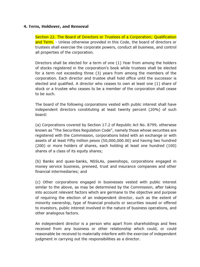 Notes On Revised Corporation Code - Part 3 | PDF | Board Of Directors ...