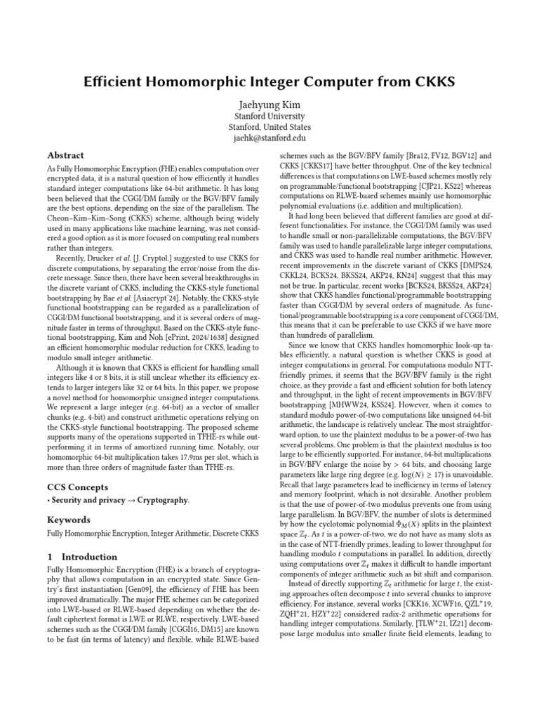 Efficient Homomorphic Integer Computer From Ckks Pdf Arithmetic