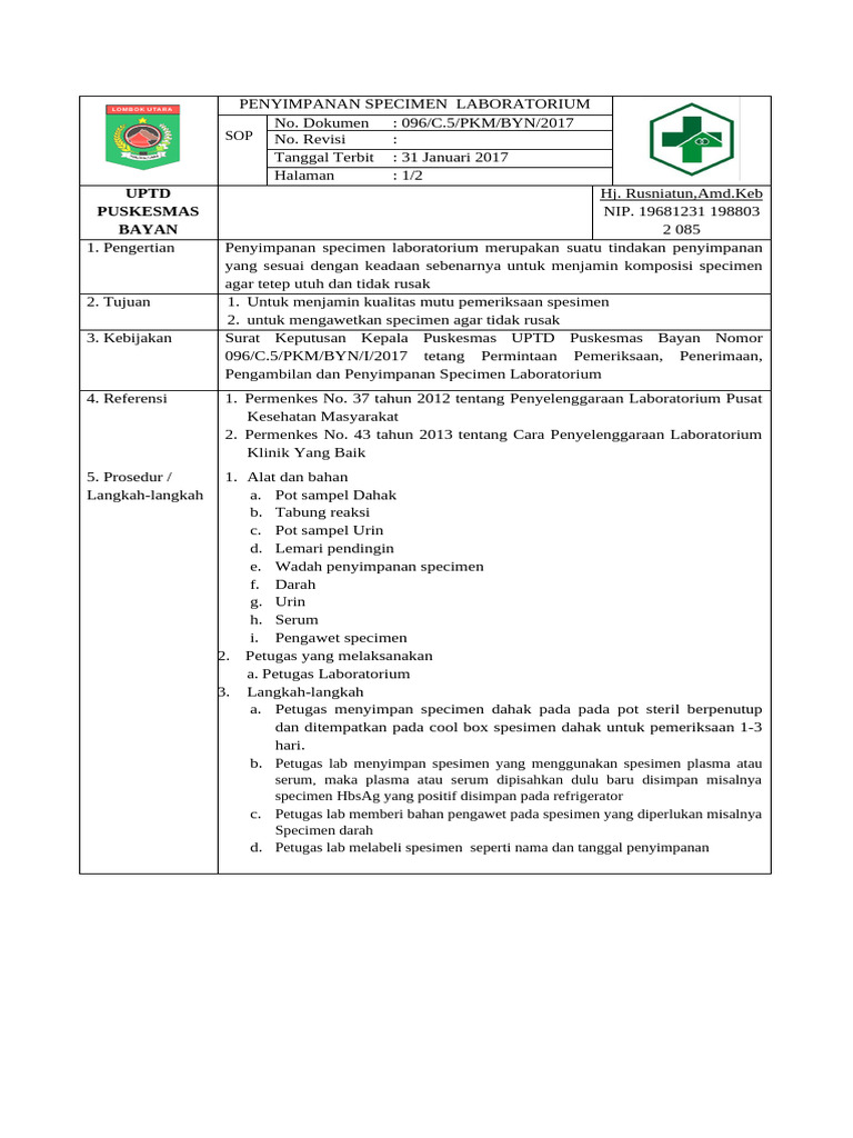 Prosedur Penyimpanan Specimen Laboratorium | PDF