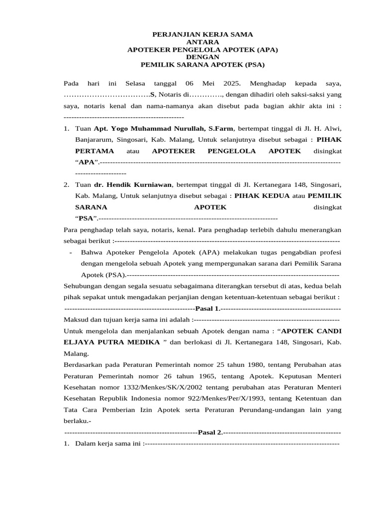 Perjanjian Kerja Sama APA dan PSA | PDF