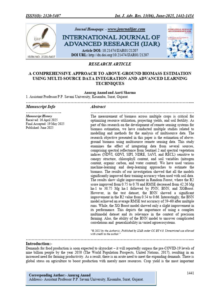 A Comprehensive Approach To Above Ground Biomass Estimation Using Multi Source Data Integration