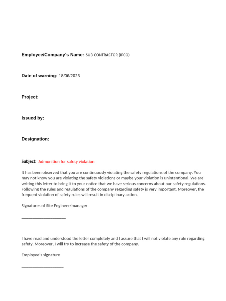 Safety Violation Warning Letter | PDF