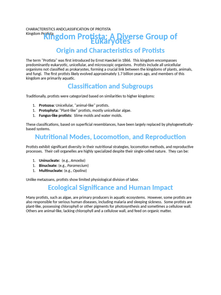 Characteristics Andclassification of Protista | PDF
