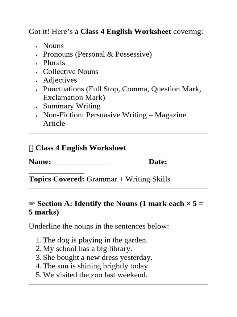 Class 4 English Worksheet | PDF | Noun | Linguistic Typology