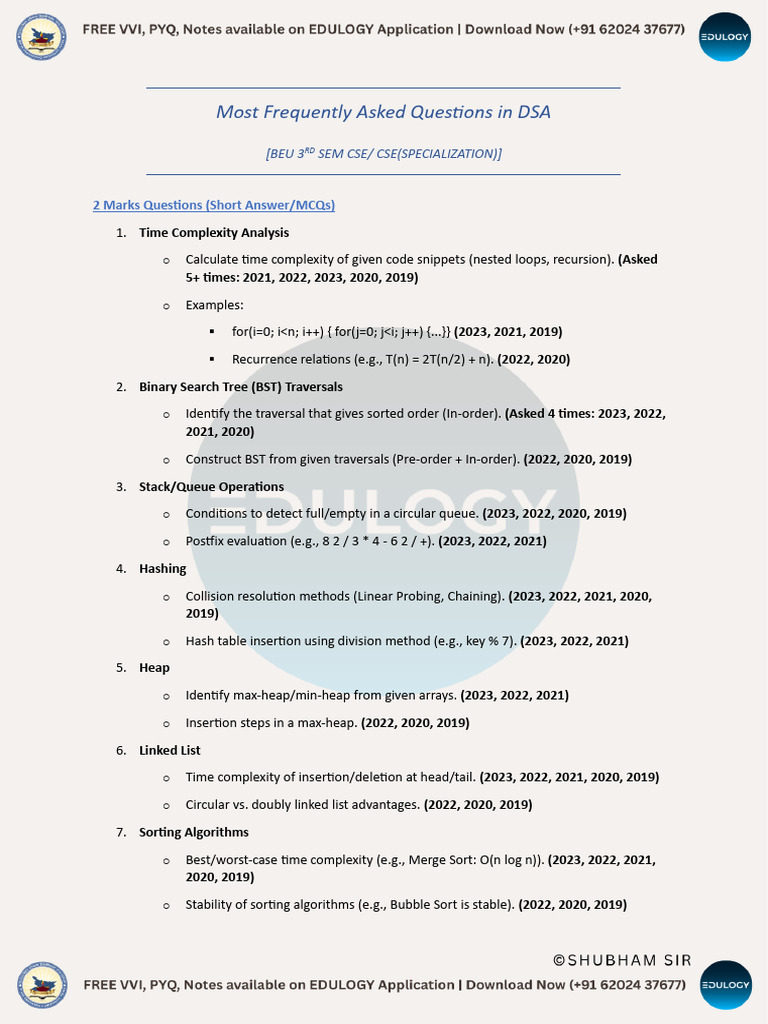 Dsa Most Expected Questions | PDF | Computer Programming | Control Flow