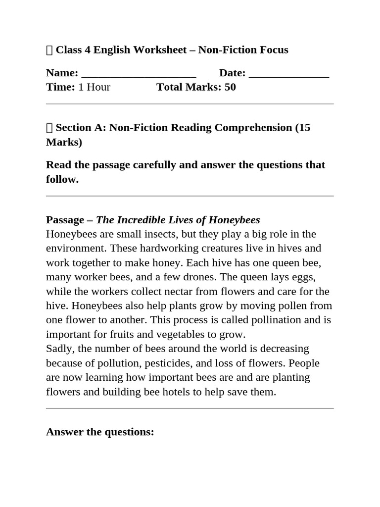 Honeybee Worksheet for Class 4 | PDF | Honey Bee | Bees