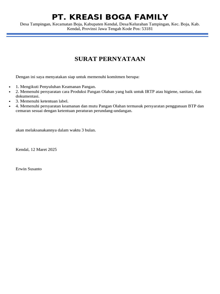 Surat Pernyataan PIRT Kendal | PDF