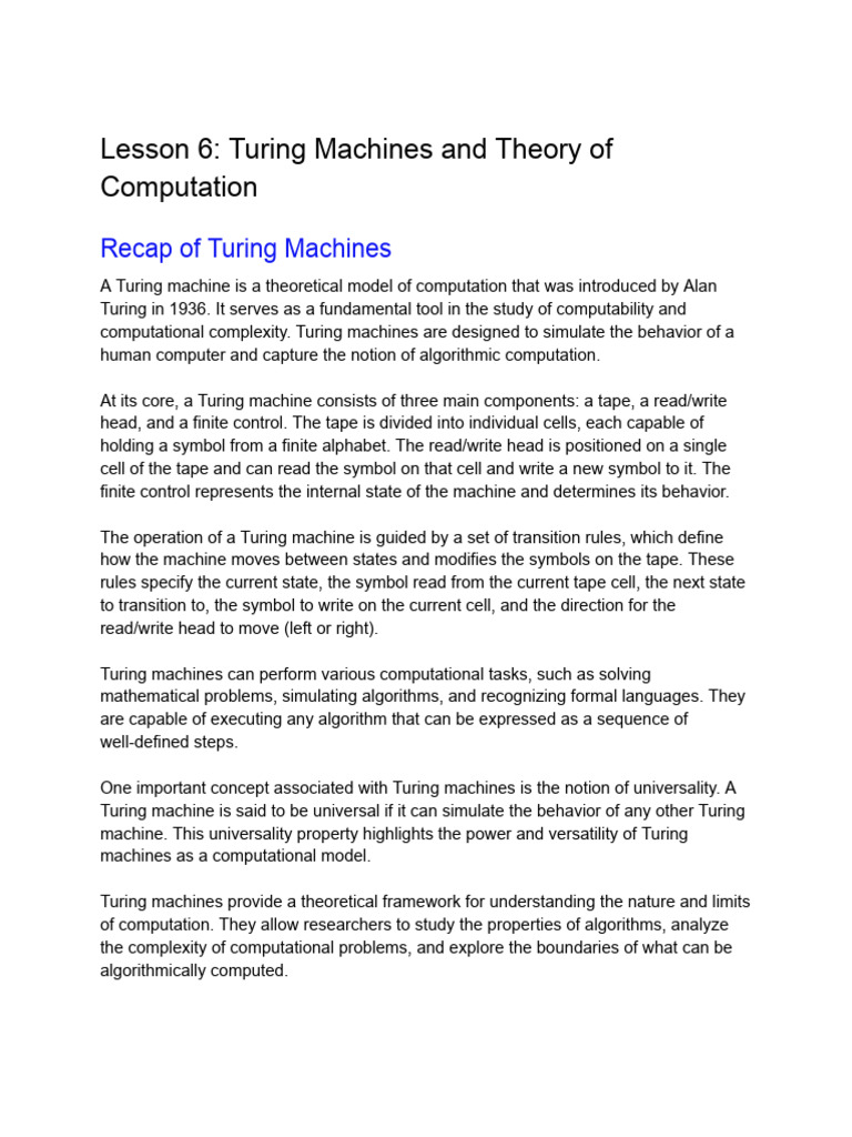 Lesson 6 - Turing Machines and Theory of Computation | PDF | Computational Complexity Theory ...
