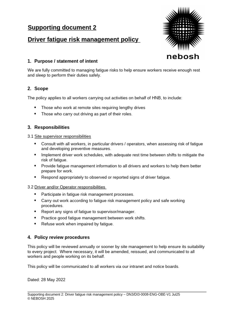 Driver Fatigue Management Policy Template | PDF