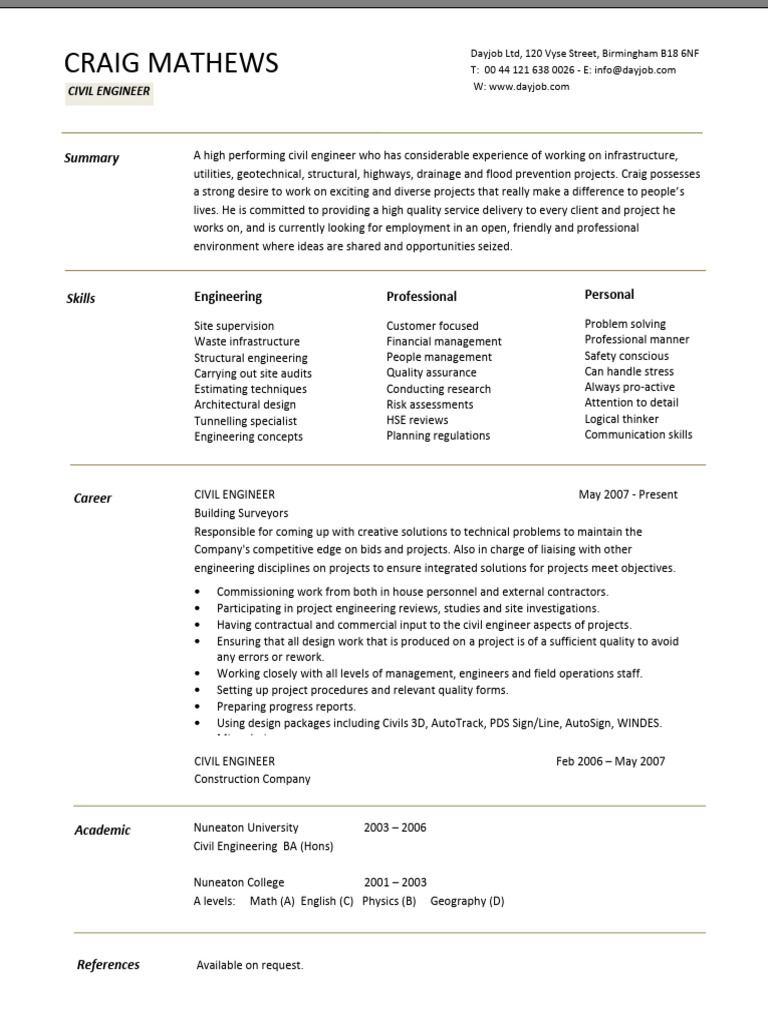 Civil Engineer CV Example | PDF | Civil Engineering | Engineering
