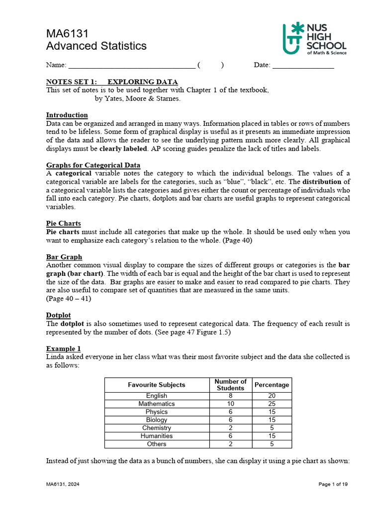 2024 MA6131 Notes Chapter 1 Exploring Data (Student) - 1 | PDF ...