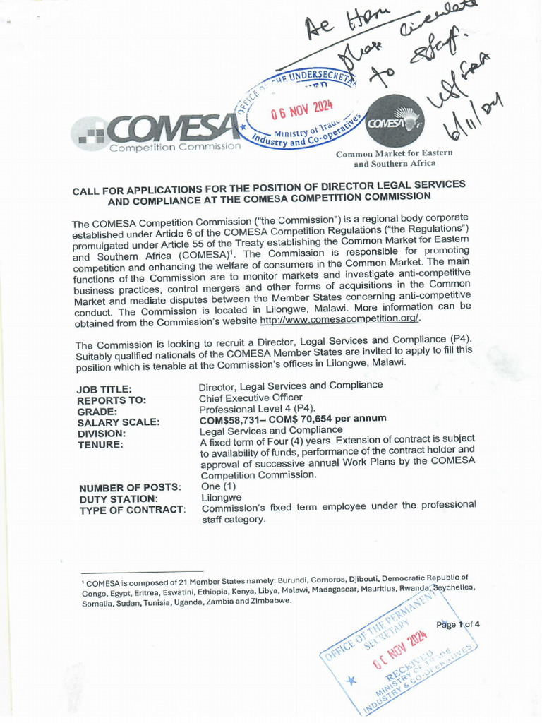 Call For Application For The Position of Director Legal Services ...