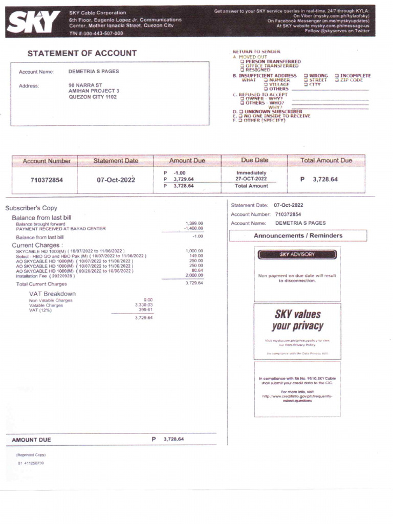 Sky Bill Statement Oct | PDF