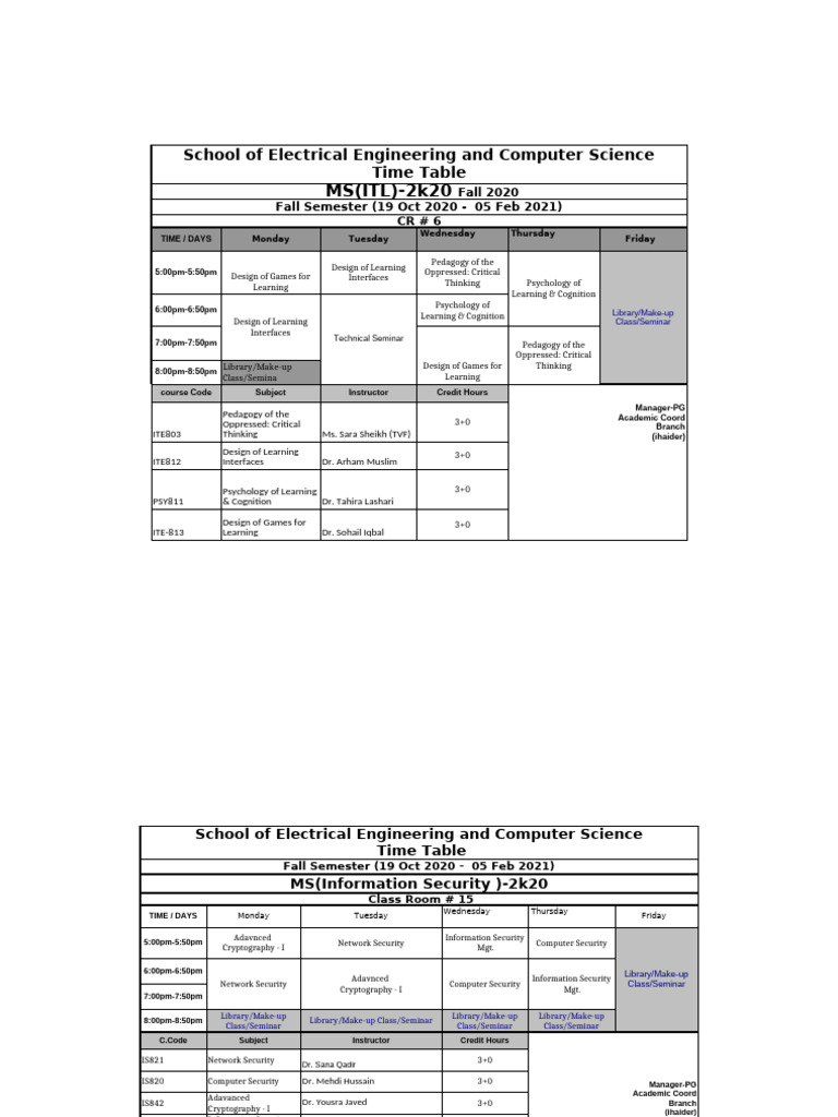 SEECS Fall 2020 Timetable | PDF | Computing