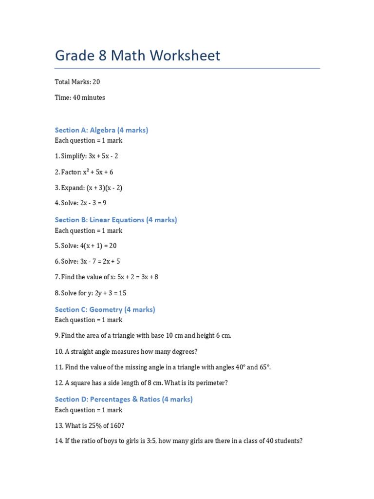Print Grade 8 Math Worksheet | PDF