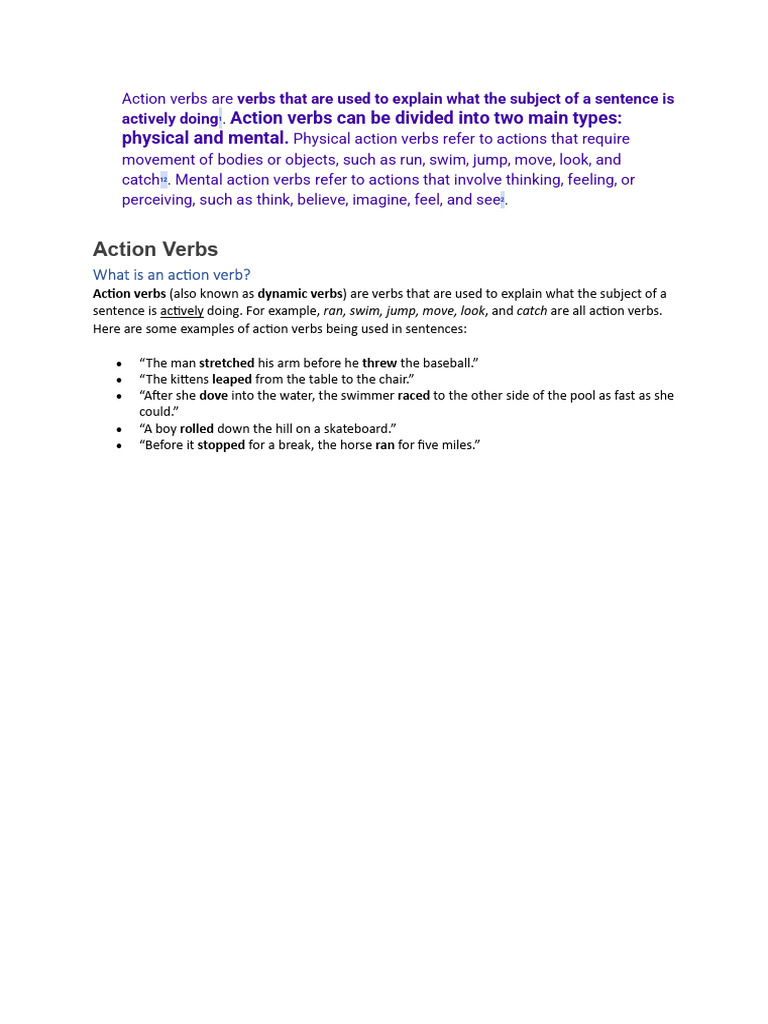 Understanding Action Verbs: Types and Examples | PDF