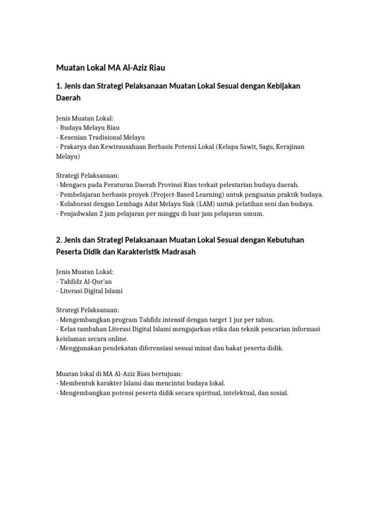 Muatan Lokal MA Al-Aziz Riau: Budaya & Islam | PDF