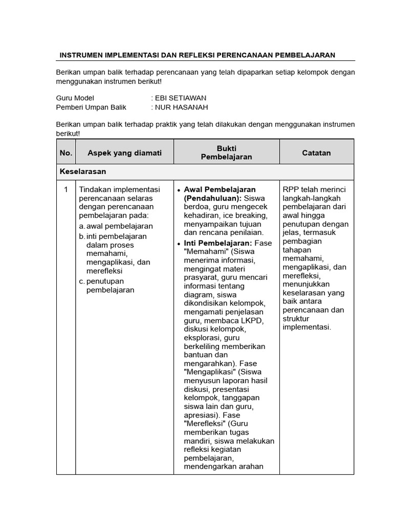 Modul 6.KP.2. Instrumen Implementasi Dan Refleksi RPP - NUR HASANAH | PDF