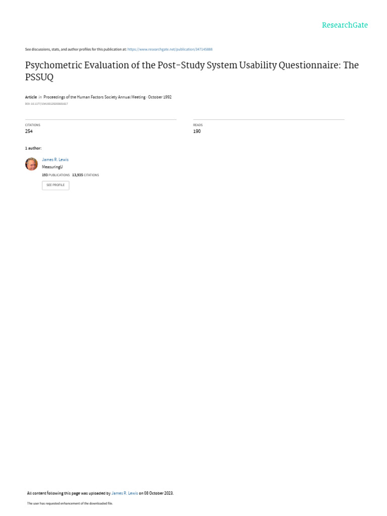 Psychometric Evaluation of The Post-Study System Usability Questionnaire: The Pssuq | PDF