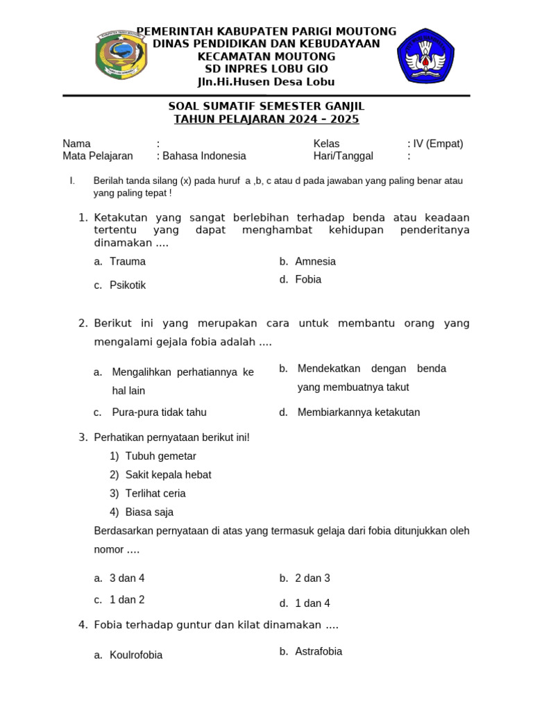 Soal Sumatif Semester Ganjil Kurmer Kls 6 2024 | PDF