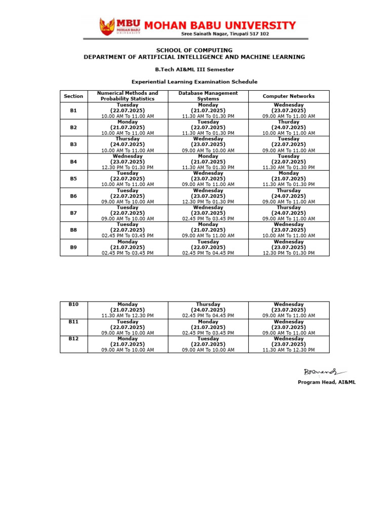 AI&ML - Experiential Learning Exam Schedule-3rd, 5th and 7th Semesters ...
