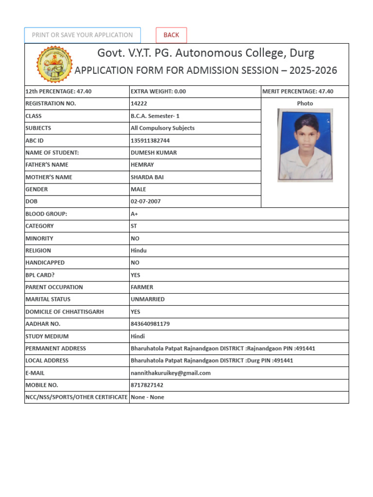 Govt. V.Y.T. PG. Autonomous College, Durg: Application Form For ...