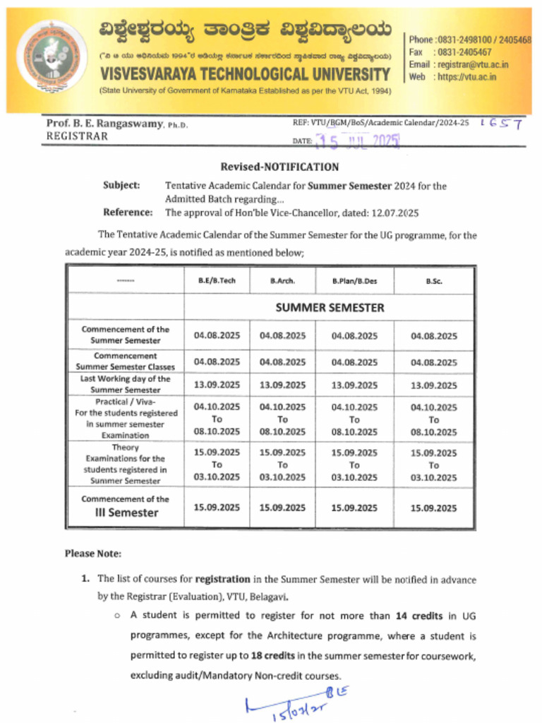 Notification-Revised (1657) - Academic Calendar For Summer Semester ...
