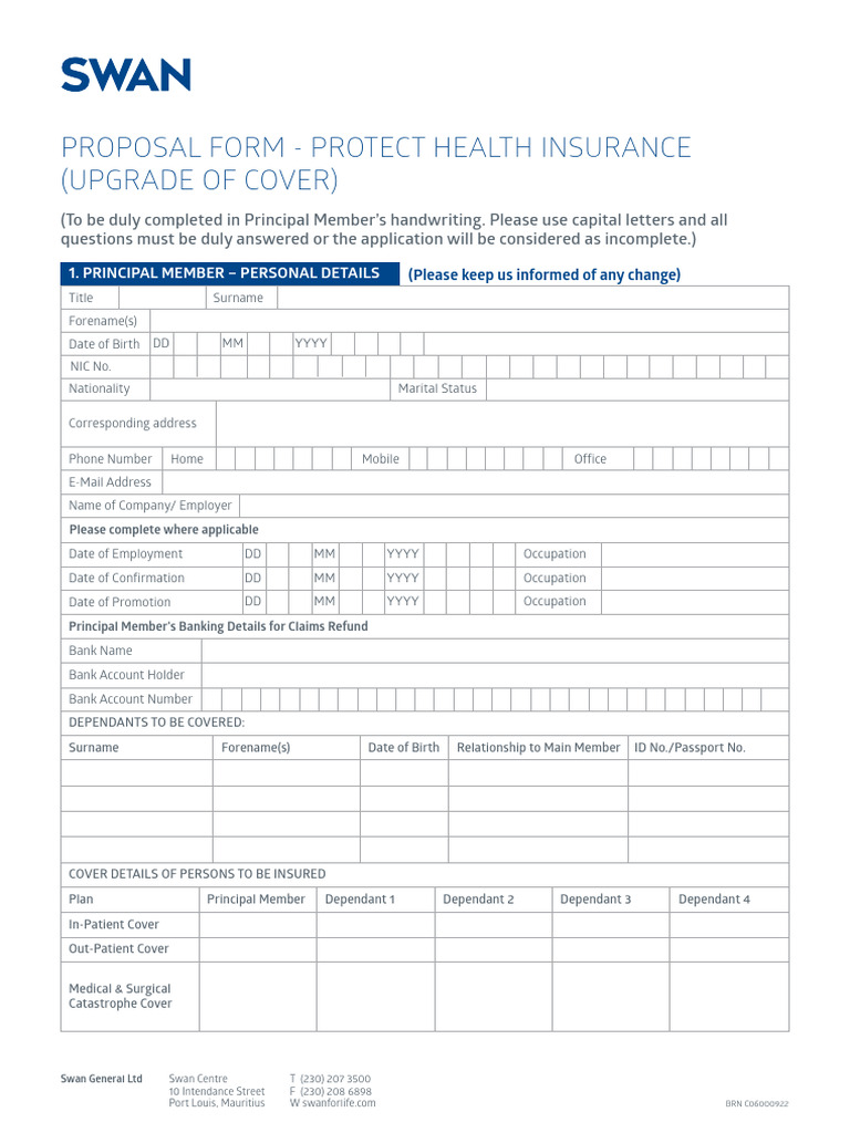 2022 SWAN Swan Protect Health - Upgrade Proposal Form | PDF | Identity ...