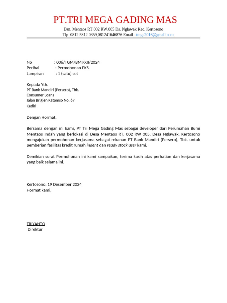 Format Surat Permohonan PKS | PDF