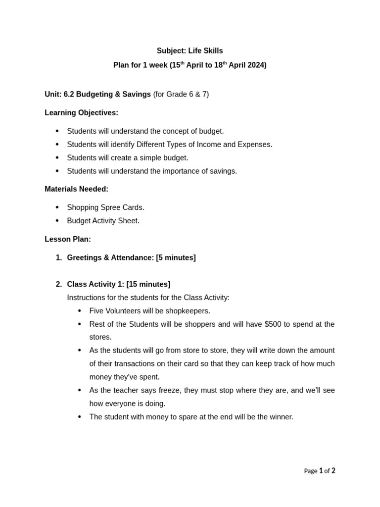 Budgeting Lesson Plan for Grades 6-7 | PDF