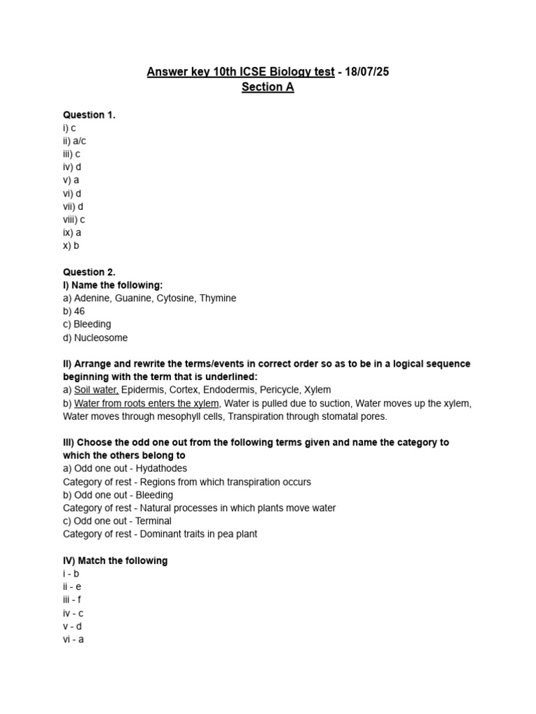 18 - 07 - 25 Answer Key 10th ICSE Biology Test | PDF | Stoma | Genotype